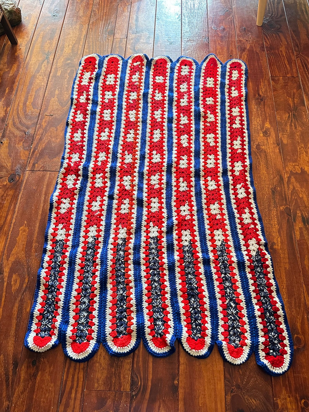 1970s Vintage GRANNY KNIT Crochet BLANKET Picnic July 4th Red White ...