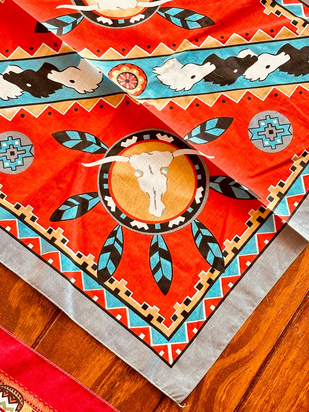 Vintage 80s BANDANA Native AMERICAN Steer Skull SOUTHWEST 80’s Kerchief ...