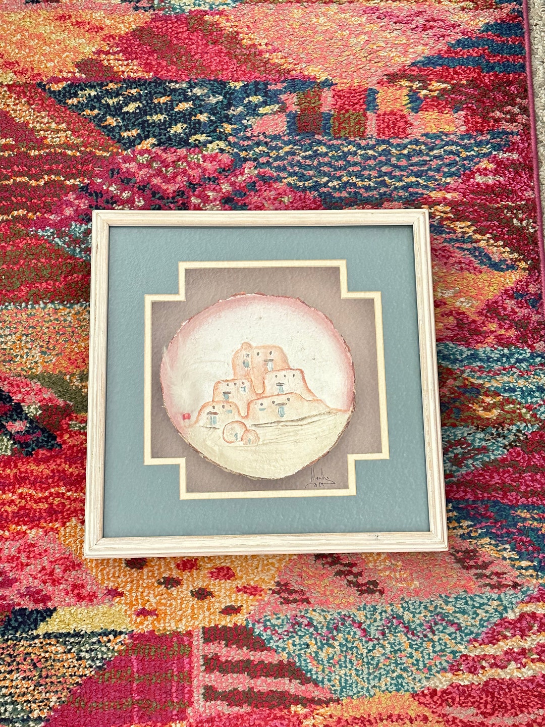 Vintage PUEBLO Diorama Figi Art Painting Southwestern PICTURE Framed W ...