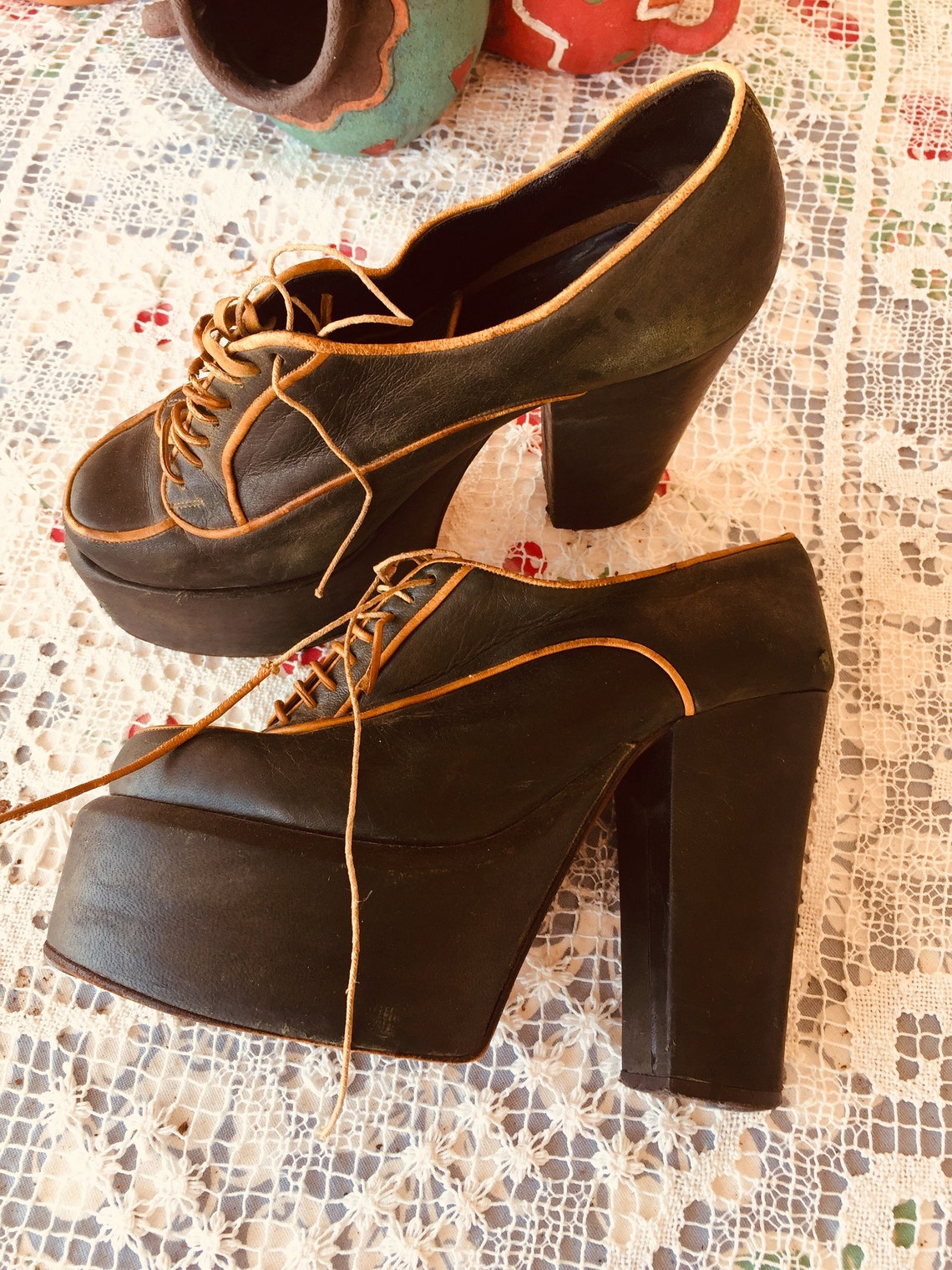 1970s TRUE VINTAGE PLATFORMS High Heels Lace Ups 35.5 Made In | Etsy
