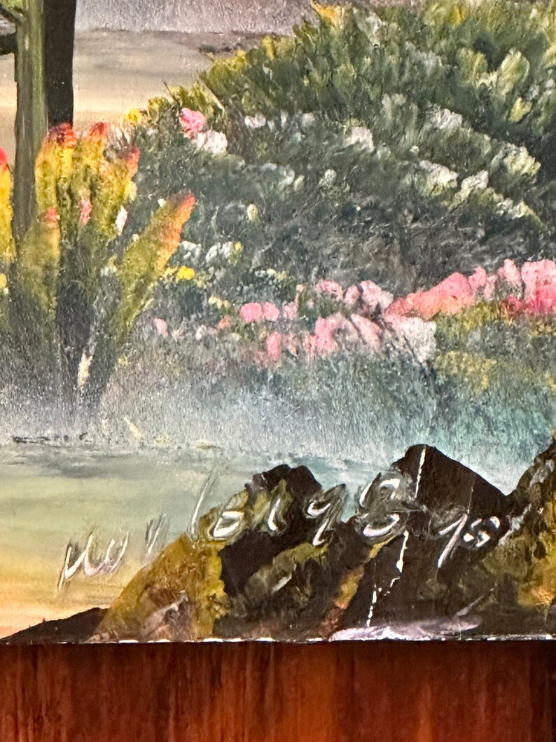 Vintage DESERT CACTUS PAINTING Roadrunner Saguaro Landscape Arizona ...