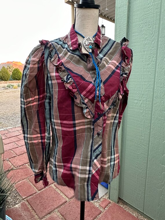 Vintage Western Plaid Ruffled Blouse Puffy Sleeves L… Gem