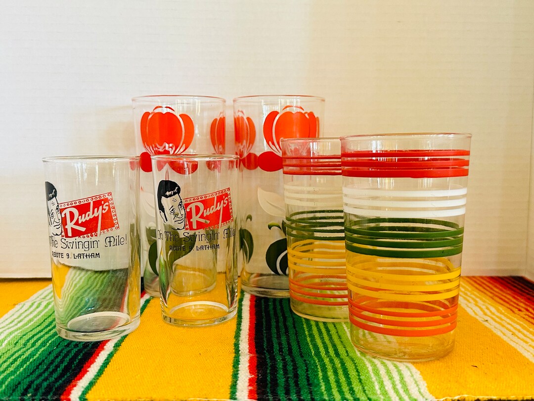Vintage 50s Drinking GLASSES TUMBLERS Stripes Flowers & Rudys Latham N ...