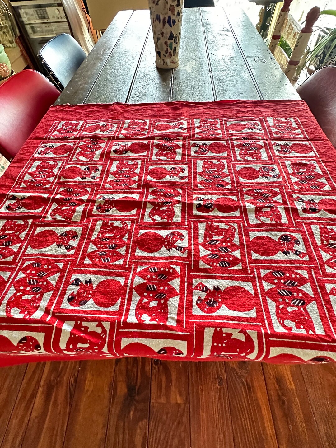 Beautiful TABLECLOTH 1950’s Bright Vintage Dining Red White Mexican ...