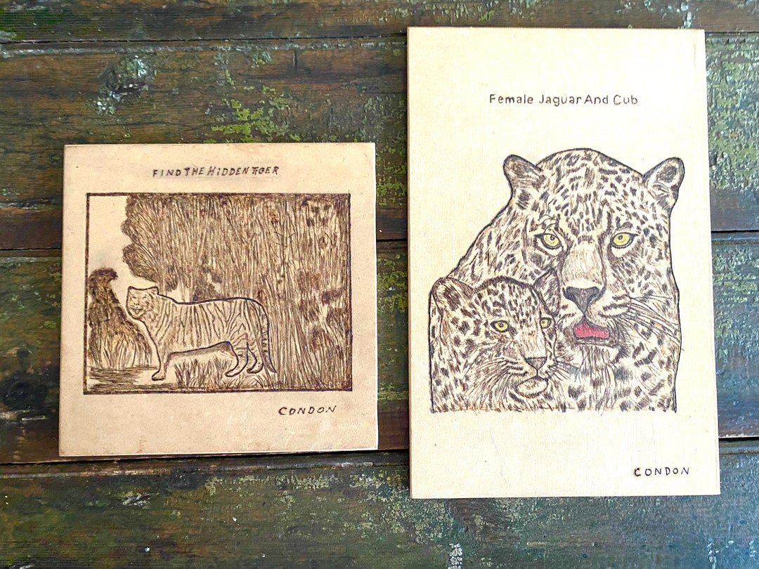 Pr Vintage Folk ART JAGUARS Tiger ETCHINGS Drawings Prison Art Outsider ...
