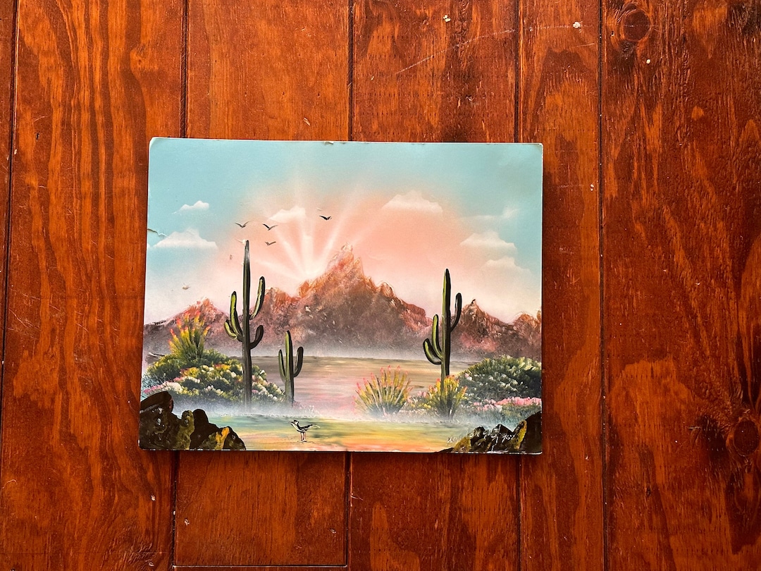 Vintage DESERT CACTUS PAINTING Roadrunner Saguaro Landscape Arizona ...