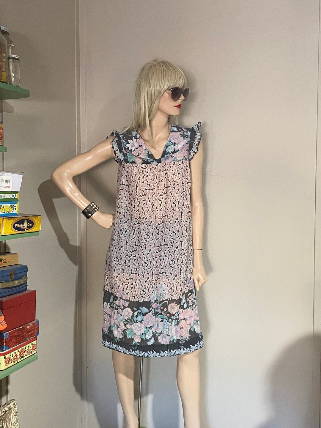 Beautiful Vintage 1970s HOLLY HOBBY Style DRESS Floral Sheer Cotton ...