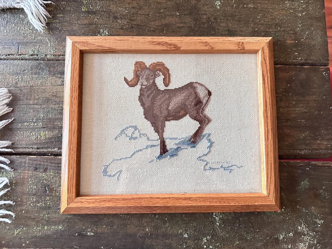 1980s Vintage Big HORN Sheep Crewel NEEDLECRAFT PICTURE Needlepoint ...