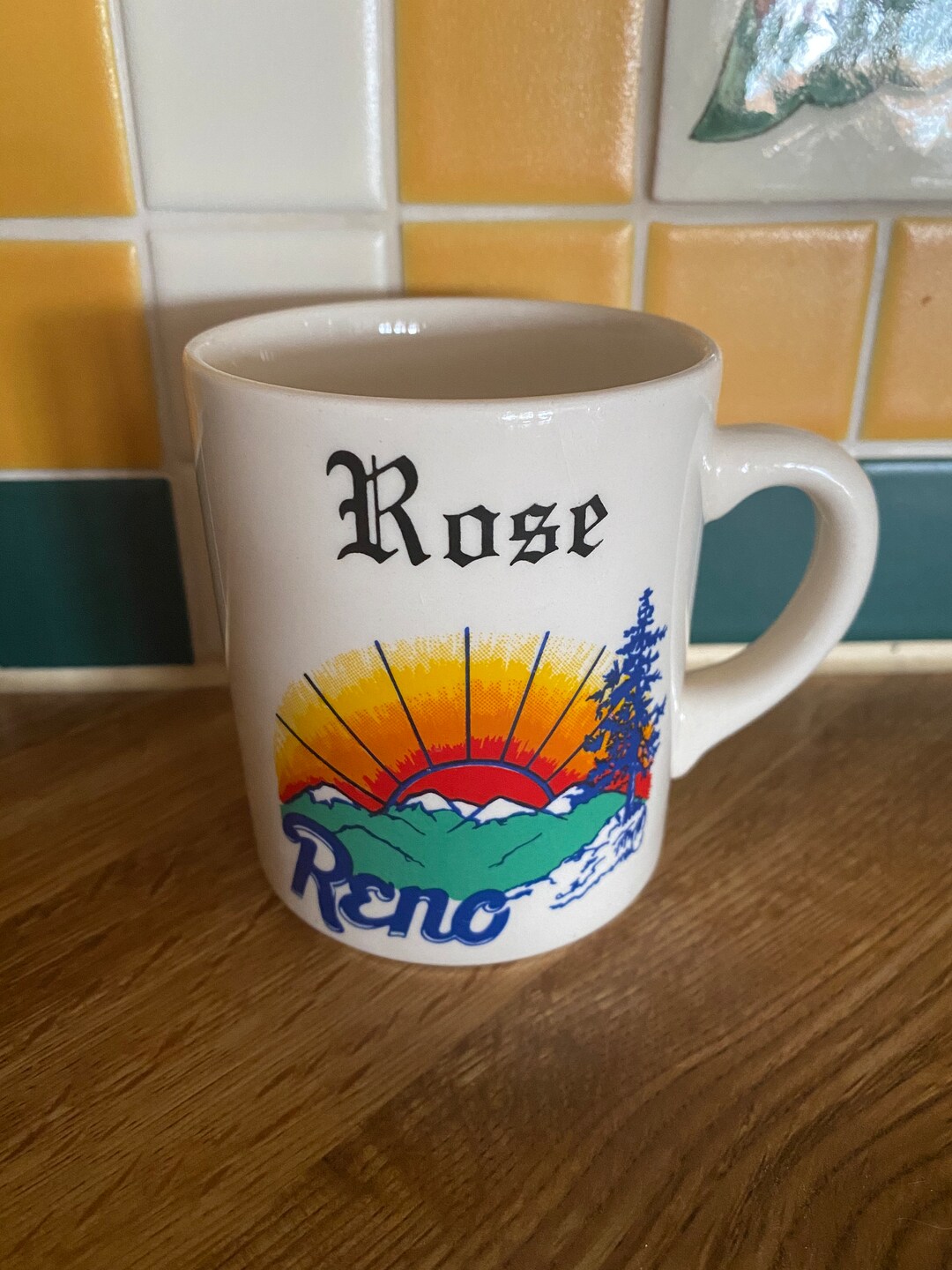Vintage RENO Coffee Mug ROSE 1970s Made in ENGLAND Sunrise Sunset ...