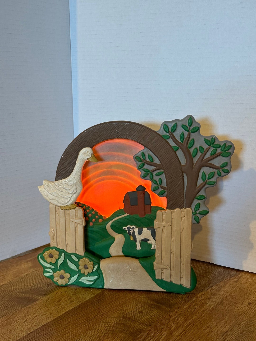 Vintage Night TABLE LAMP Farm Scene Sunrise Cows Ducks Red Barn Night ...