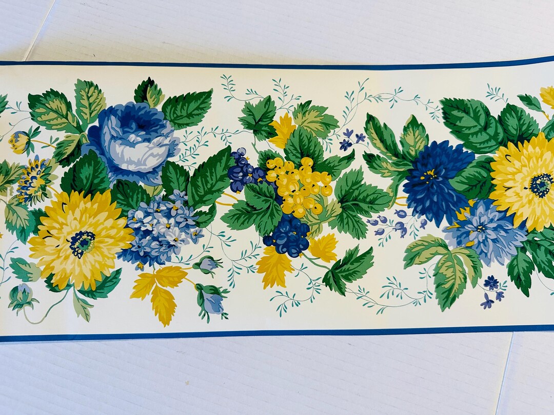 Vintage Waverly Floral Wallpaper Border: Blue Roses, Dahlias ...