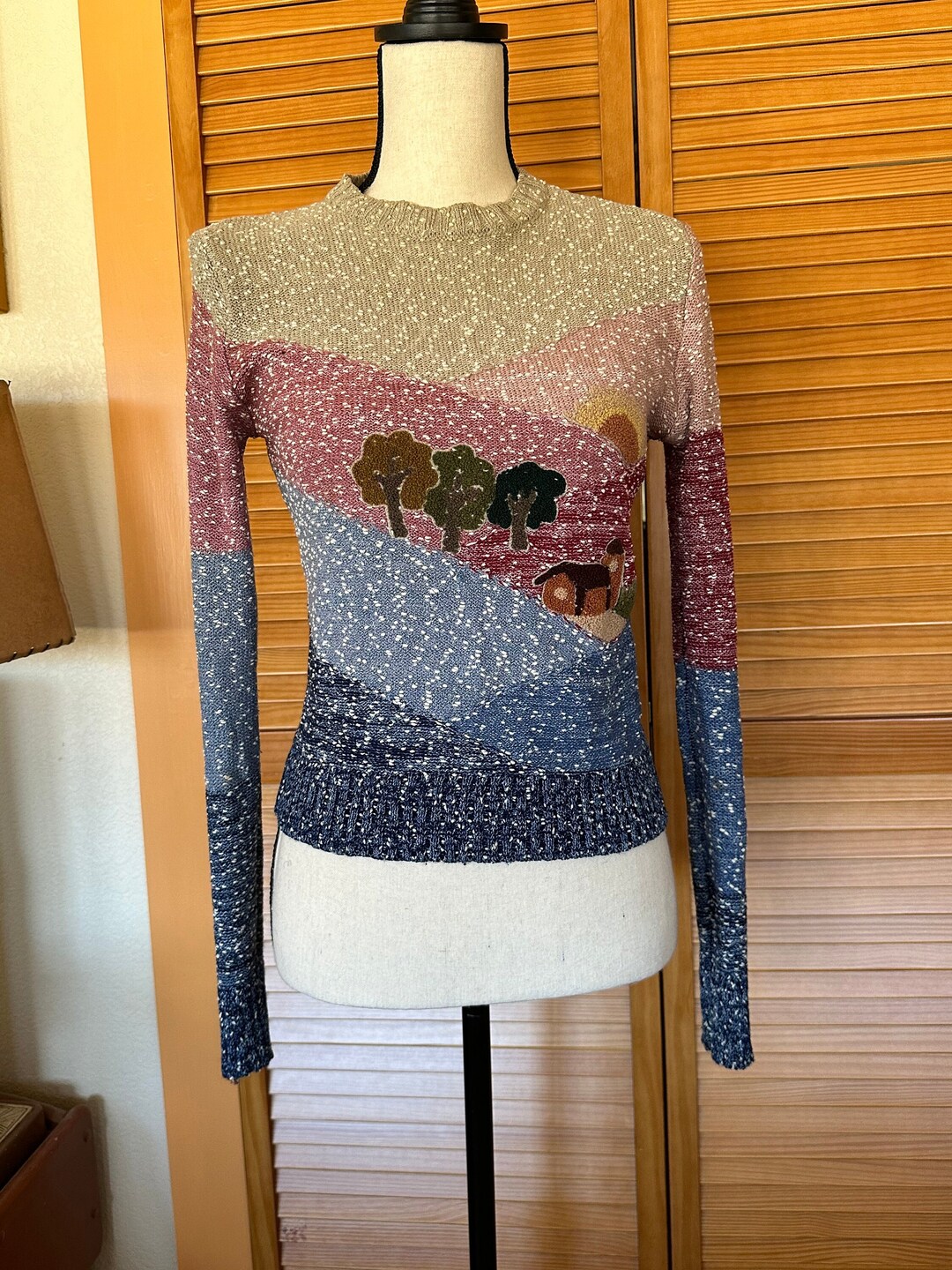 Vintage 70s Hand KNIT Sweater: Mariea Kim Country LANDSCAPE PATTERN - Etsy