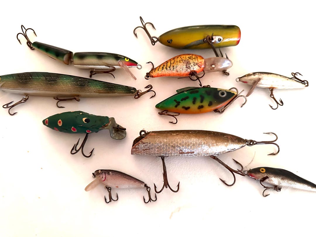 10 Vintage FISHING LURES LOT Fishes Wooden Wood Plastic Lure Antique ...