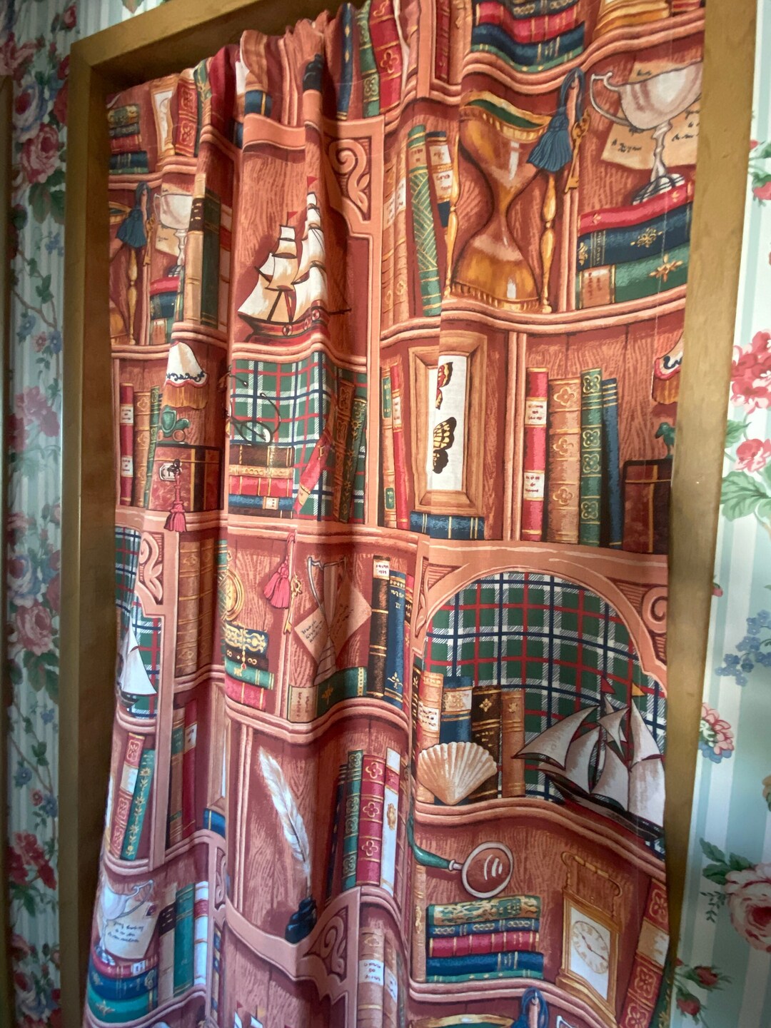 Vintage 70s LIBRARY Print Pair CURTAINS: Antique Bookshelf Design - Etsy