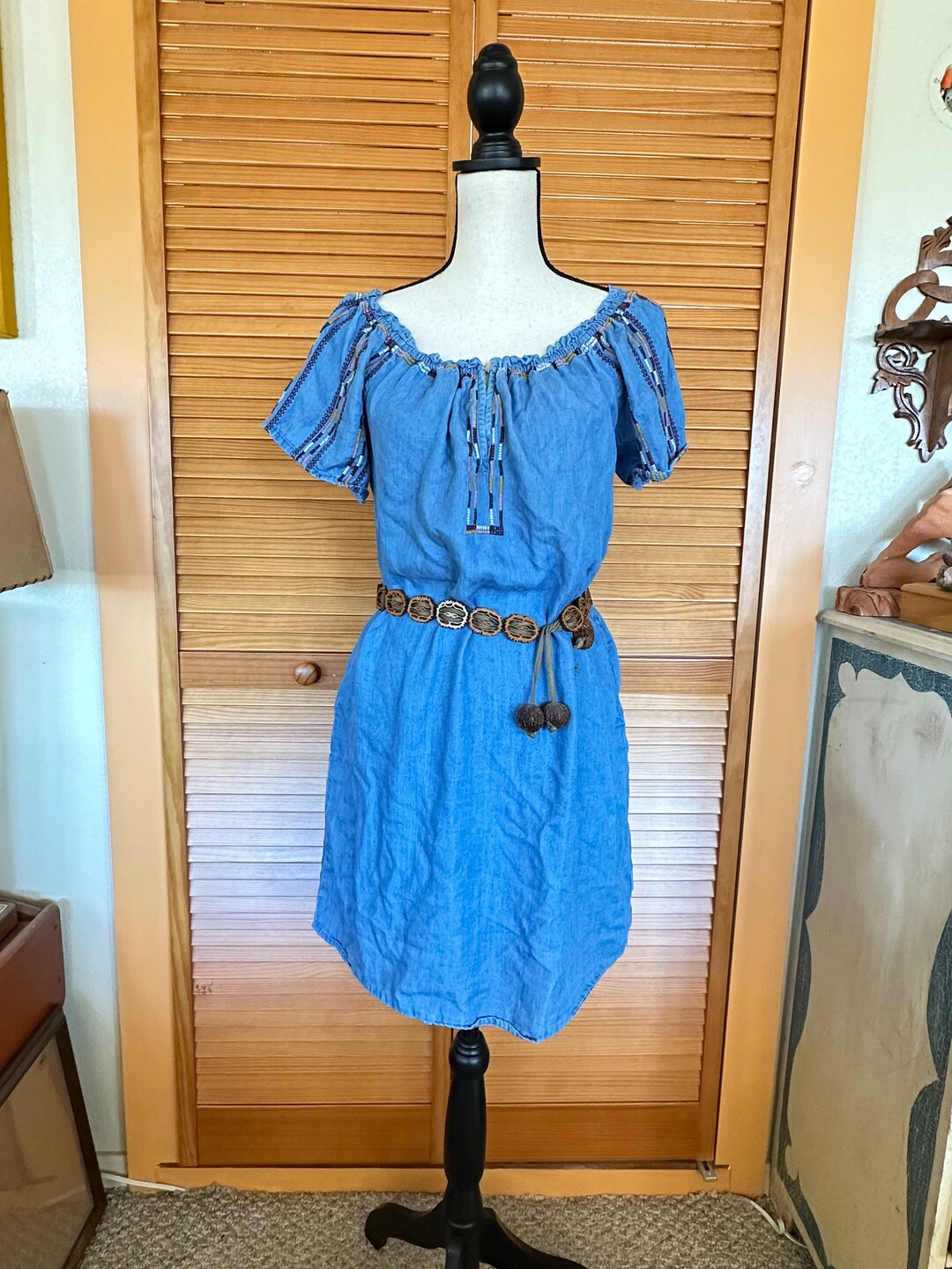 90’s DENIM DRESS off the Shoulders EMBROIDERED Shift Loose Lightweight ...