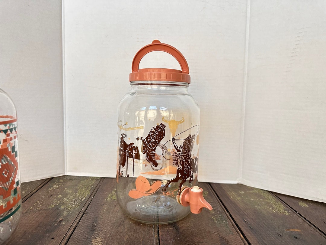 Vintage Rare WESTERN COWBOY Sun Tea Jug W Spout Ranch Pattern Glass Jar ...
