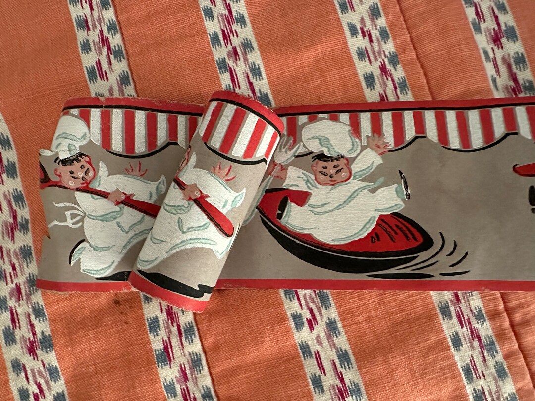 3 Rolls 1950s CHEF Cooking Kitchen WALLPAPER BORDER Vintage Wall Paper ...