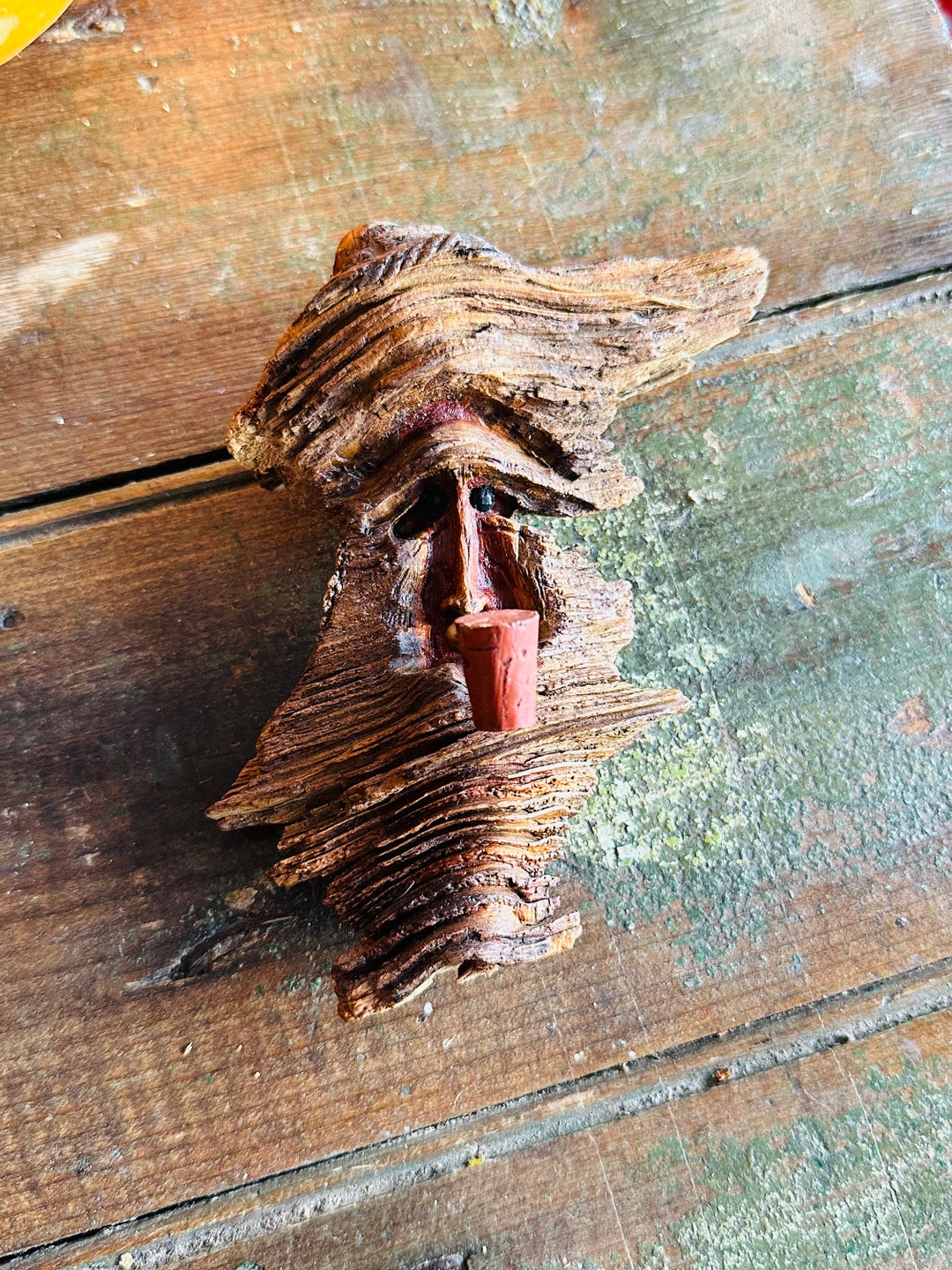 Vintage WOOD SPIRIT Tree Carving W Pipe Folk ART Homberger 92 Outsider ...