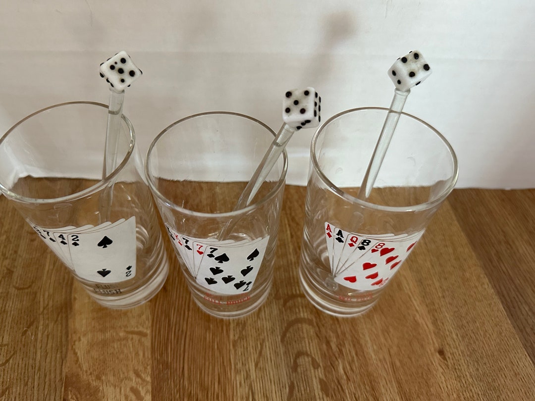 3 Sets Vintage GAMBLERS GLASS SET W Dice Stirrers Poker Cards Bartender ...