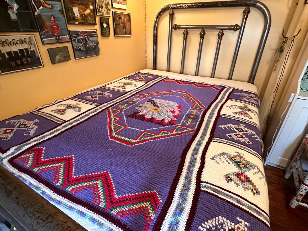 Vintage 70s Granny Knit Indian Chief Blanket: Handmade Crochet Twin ...