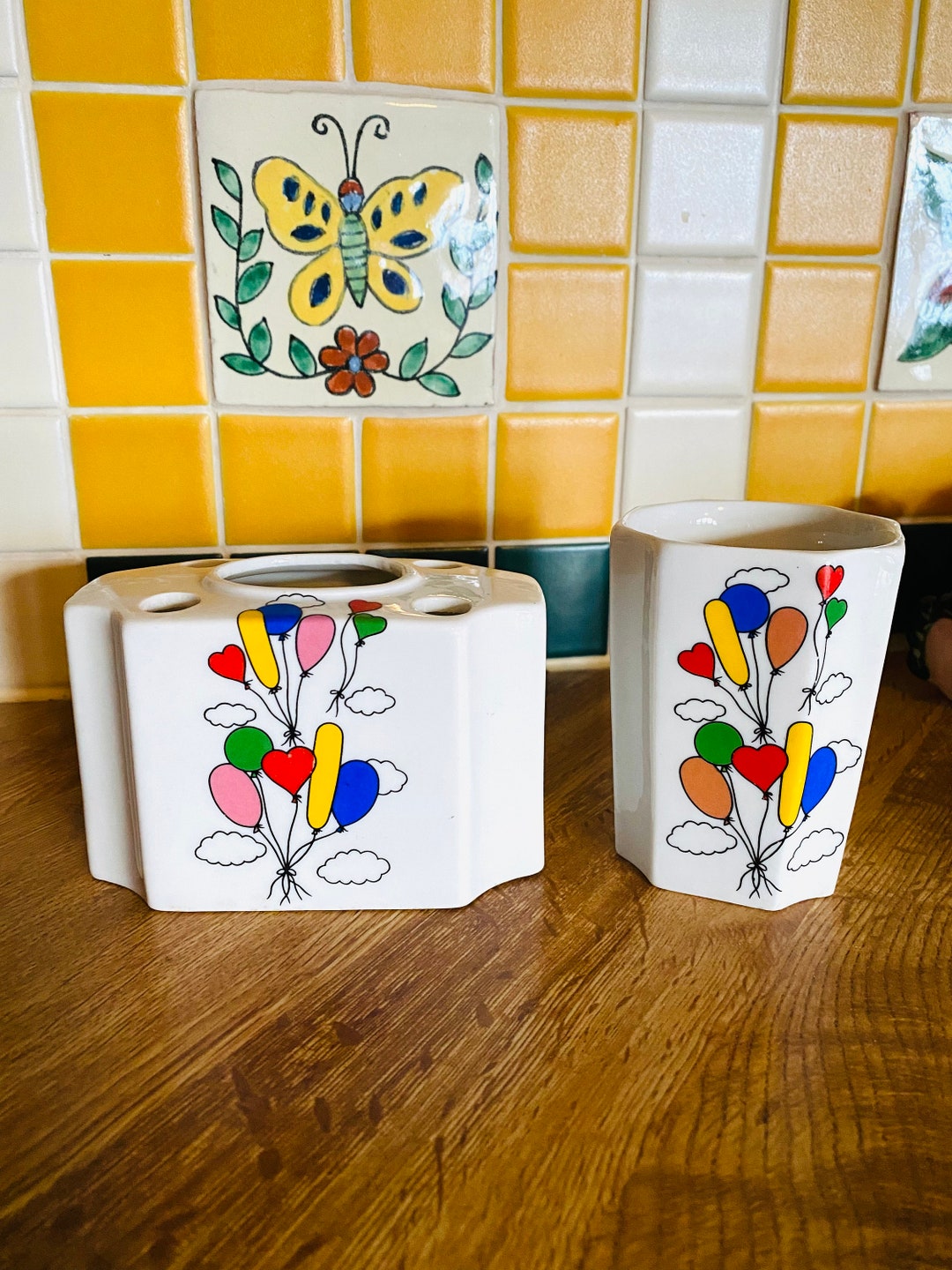 80s Set Vintage TOOTHBRUSH Holder & CUP Balloons Hearts Bathroom ...