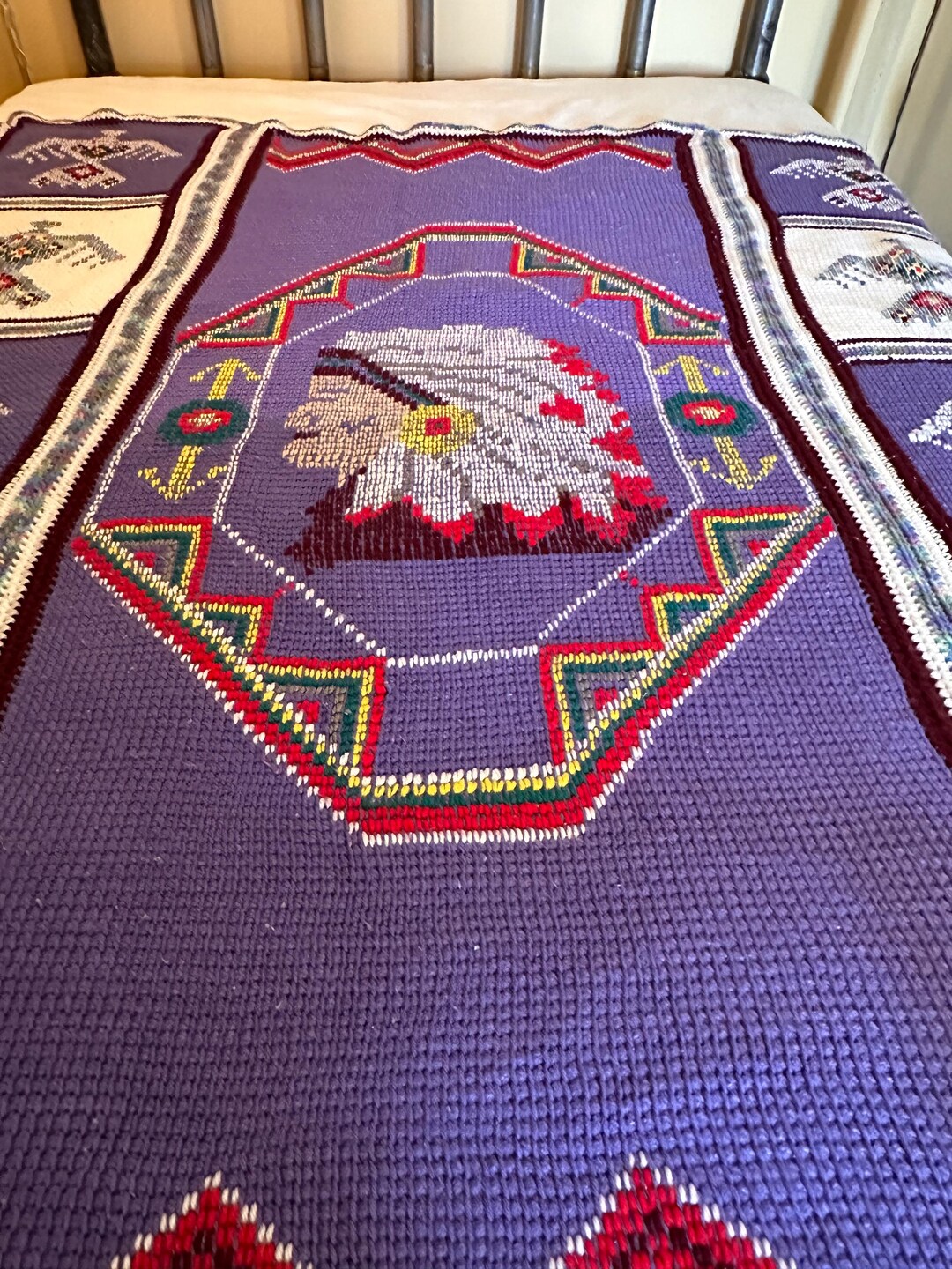 Vintage 70s Granny Knit NATIVE AMERICAN Chief Blanket: Handmade WESTERN ...