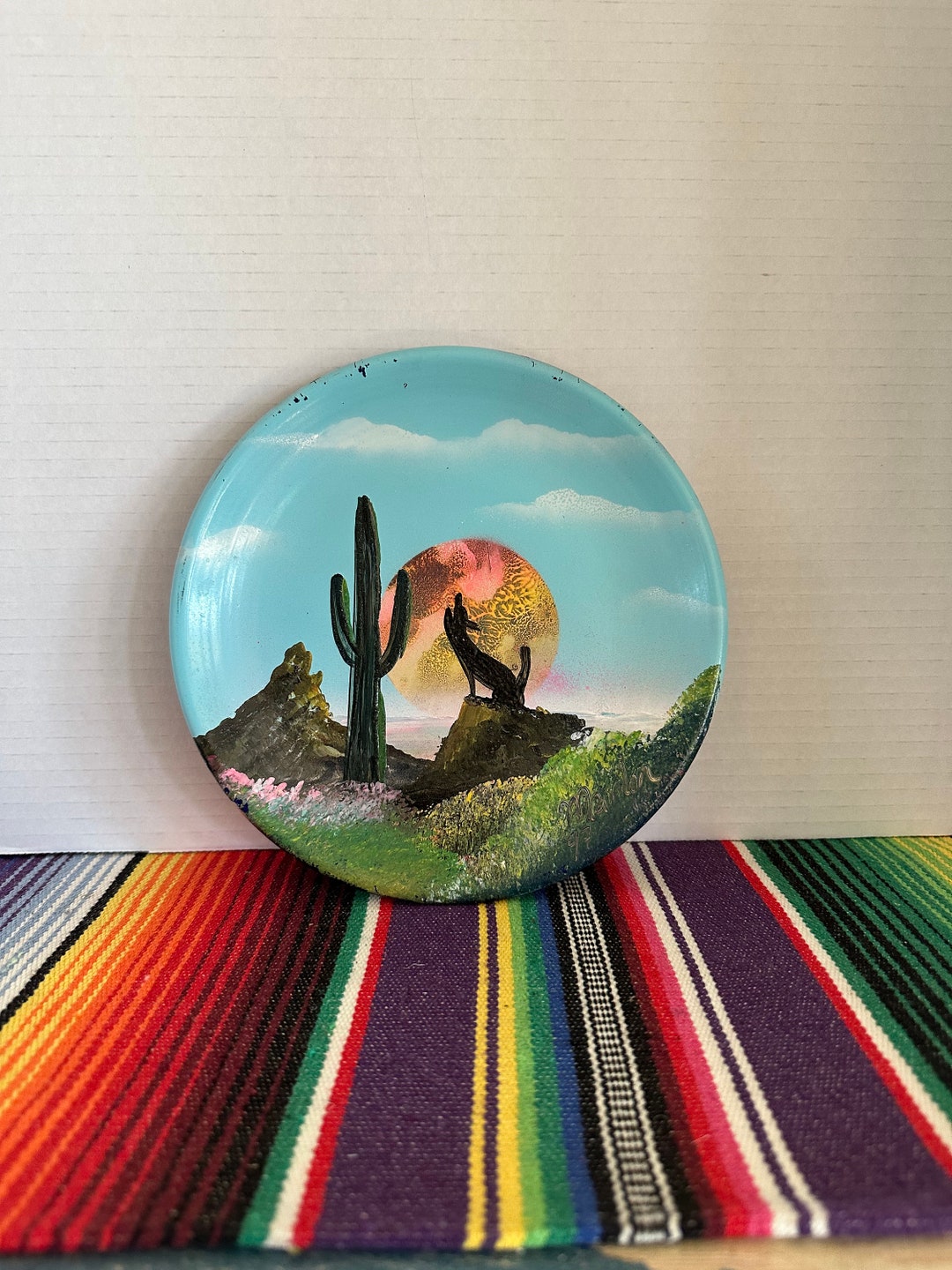 Vintage Howling COYOTE & Cactus Desert Scene Plate Hand PAINTED Dish ...