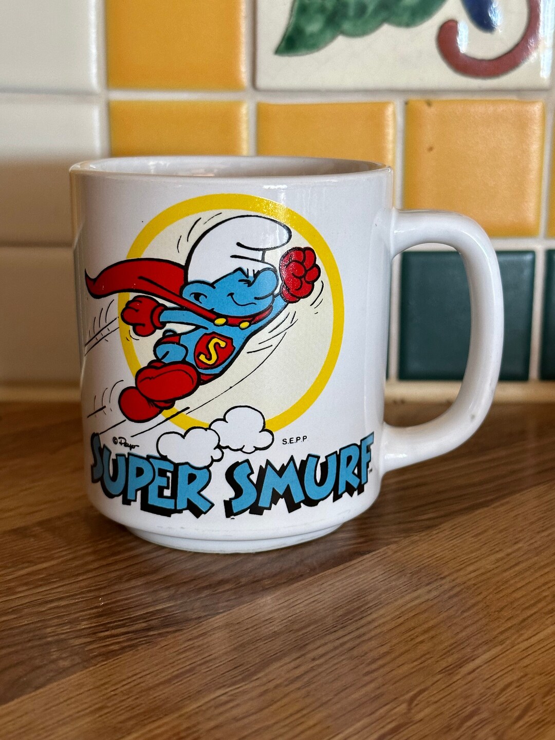 1980s Smurfs Vintage SUPER SMURF Coffee MUG Tea Cup Cartoon Animation ...