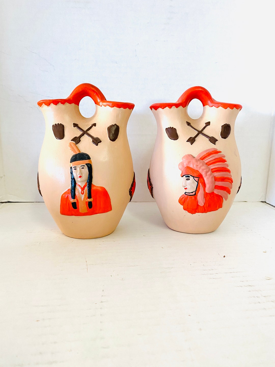 Vintage 1983 Kitsch NATIVE AMERICAN Ceramic VASES Pair Hand - Etsy