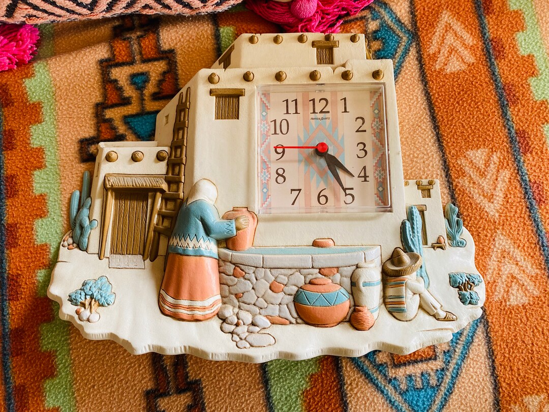 Vintage BURWOOD SOUTHWESTERN CLOCK Adobe House & Cactus Works Battery ...