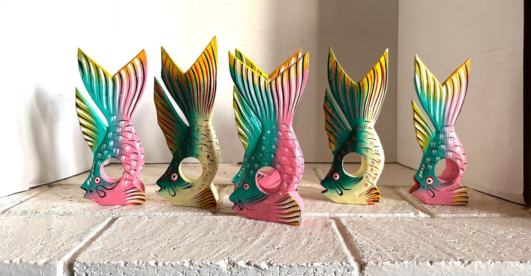 Six FISH NAPKIN RINGS 1980s Wooden Vintage Colorful Hand Made Bali ...