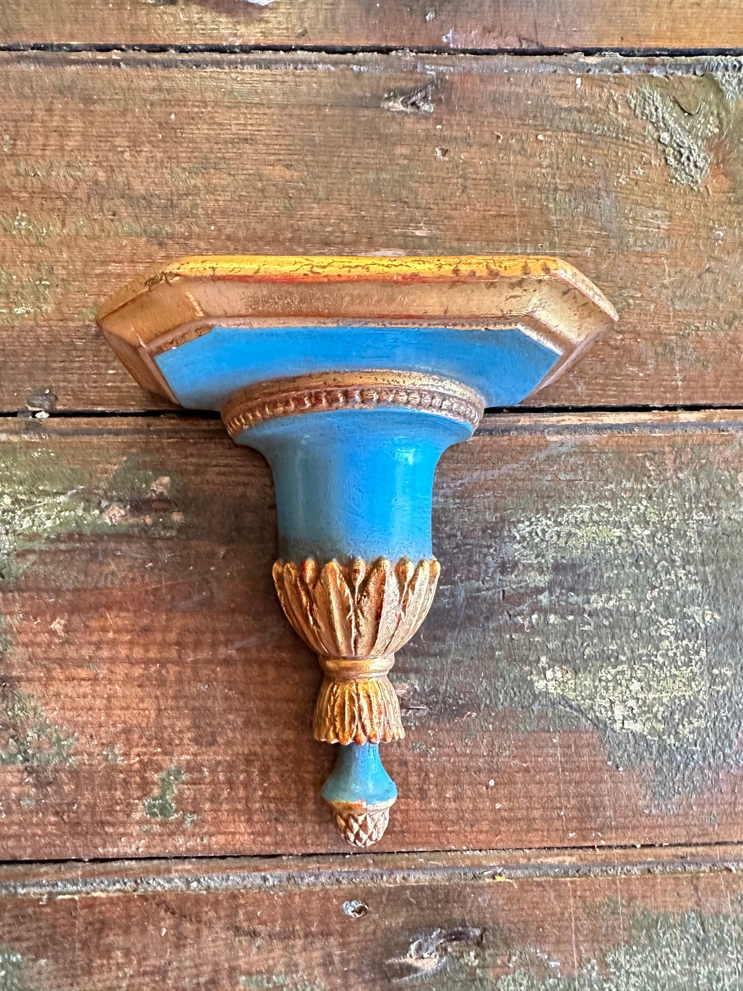 Vintage TERRACOTTA GOLD Leaf Wall SHELF Bright Blue W Gold Details 6 X ...
