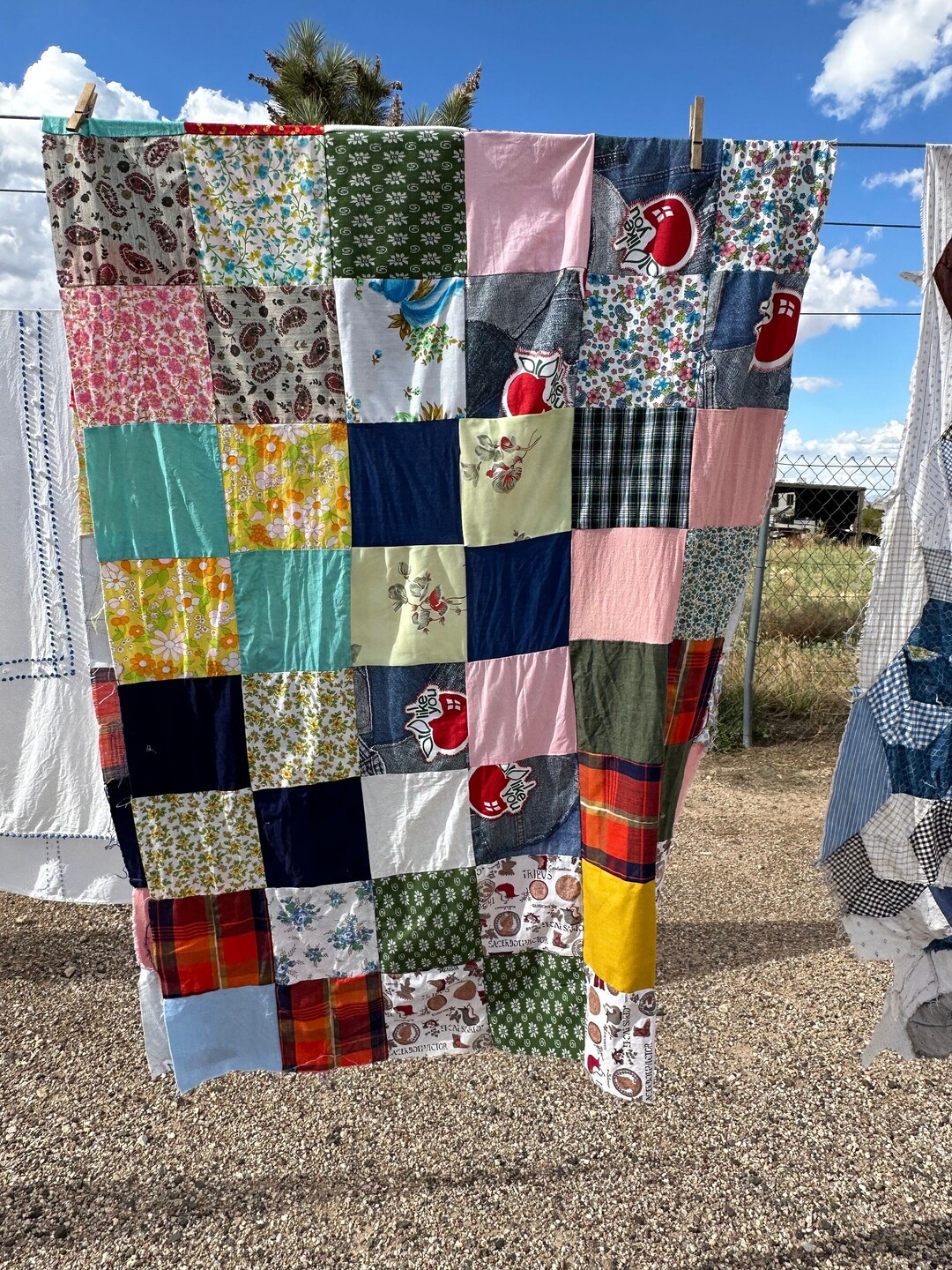1970s Patchwork Quilt Panel: Vintage Unfinished Fabric Piece (33 X 88 ...
