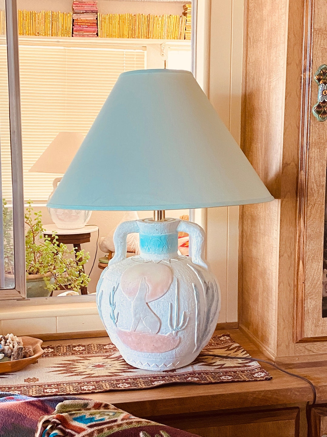 Pair Vintage LAMPS SOUTHWESTERN Large CACTUS Desert Howling Coyote 80s ...