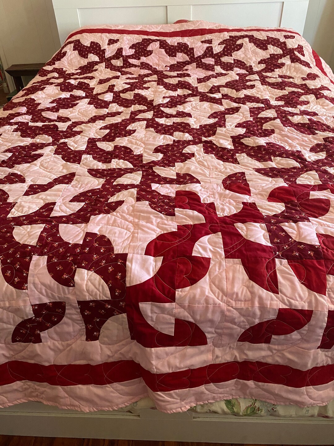 Sweet 90s Vintage PATCHWORK Farmhouse QUILT BEDSPREAD Red & - Etsy