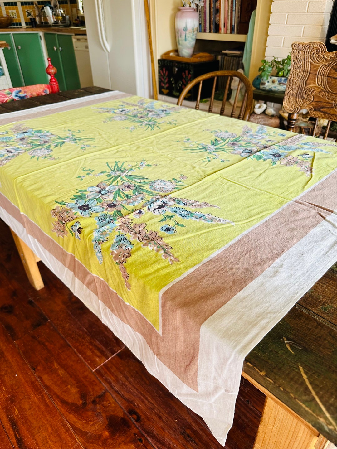 Beautiful 1950s Vintage Floral TABLECLOTH CHARTREUSE & Brown Wildflower ...
