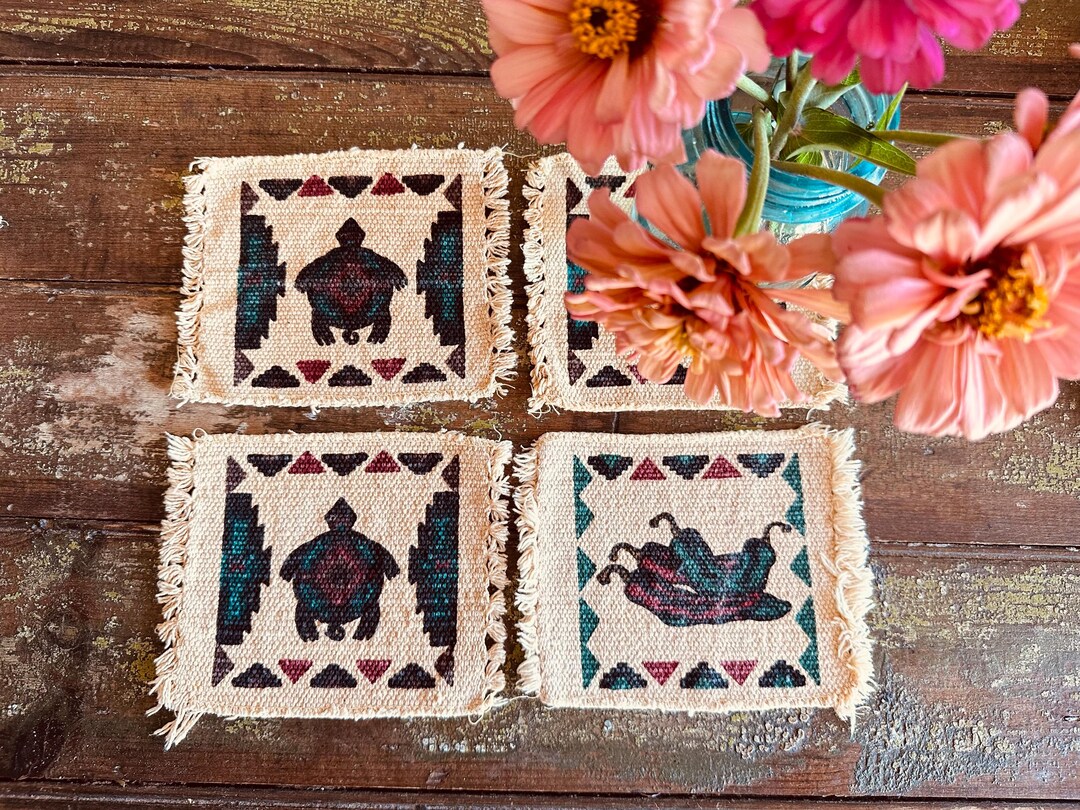 Vintage SOUTHWESTERN COASTERS Turtles Chili Peppers Cotton 1980s ...