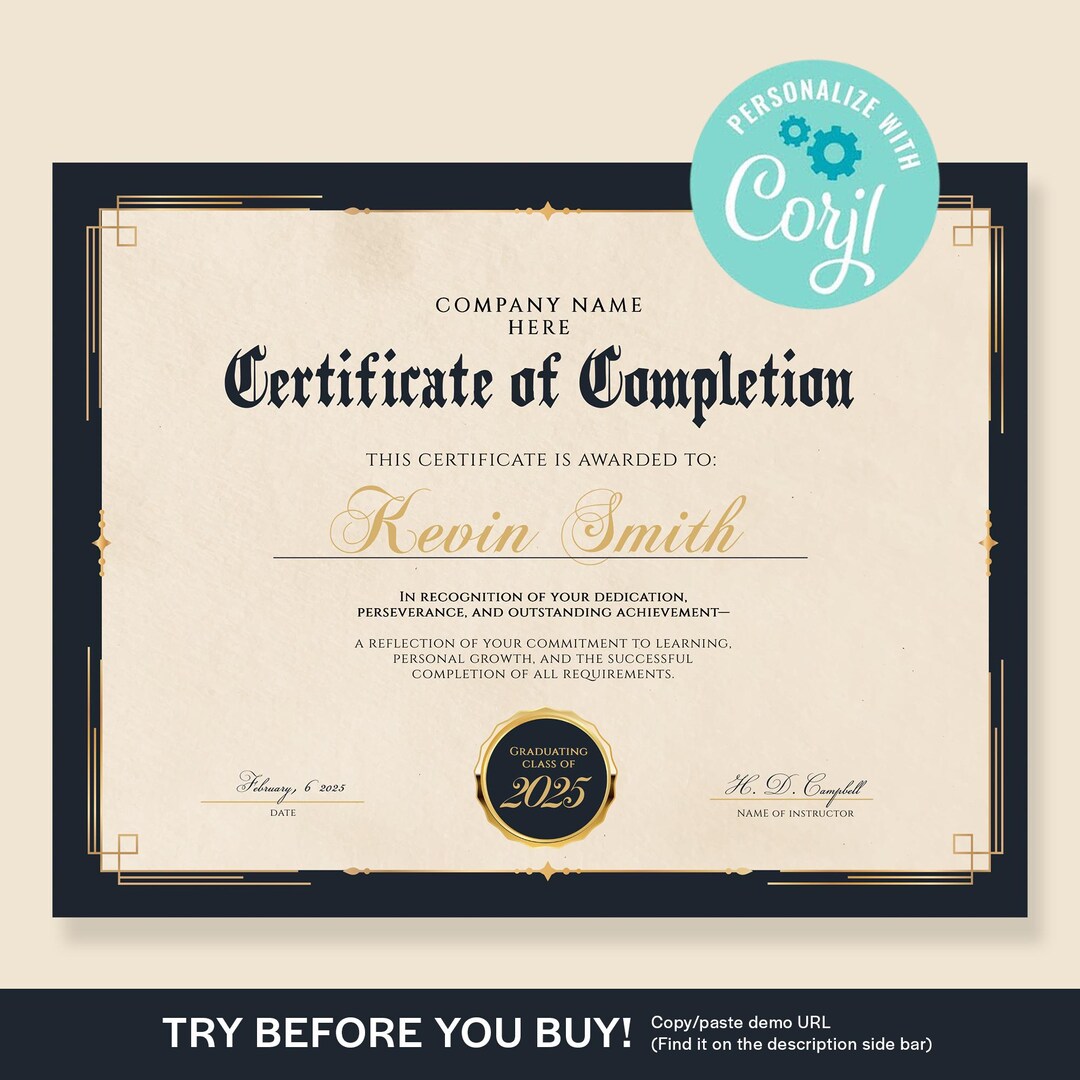 Editable Certificate of Completion Template, Printable Graduation ...