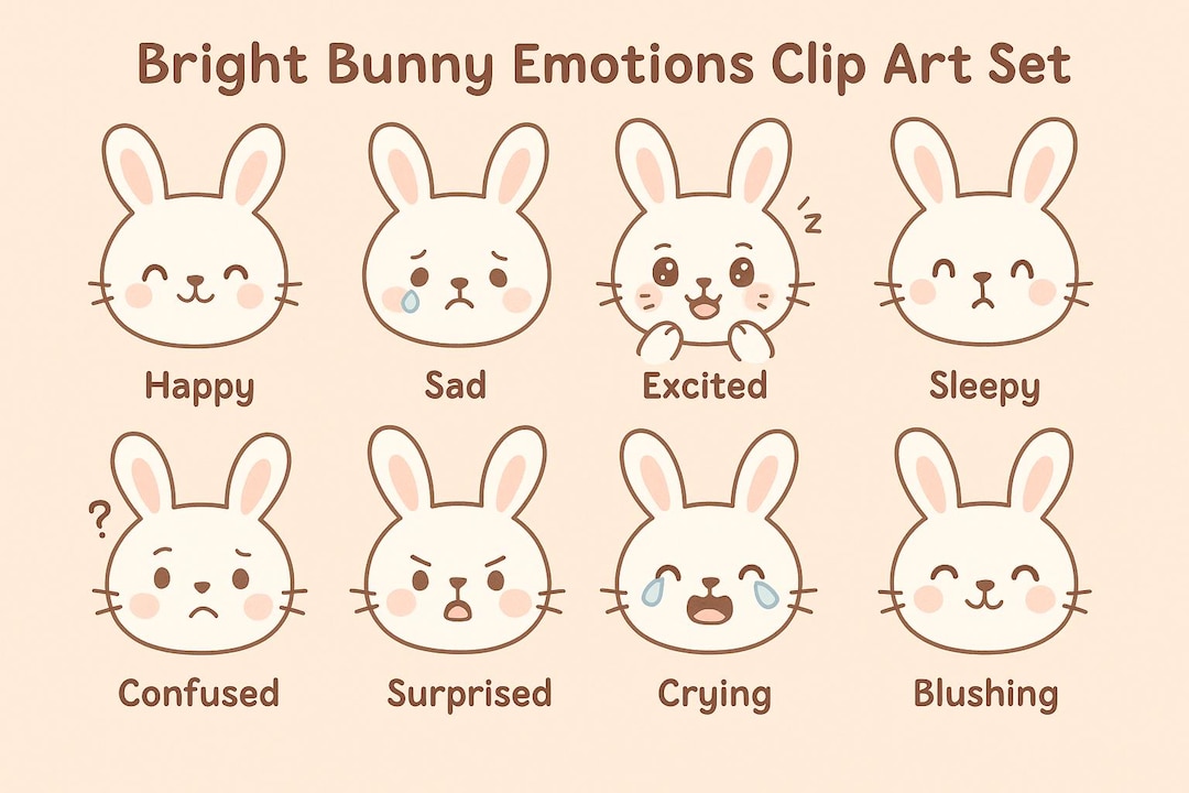 Bright Bunny Faces | 10 Cute Bunny Emotions Clip Art | Digital Stickers ...