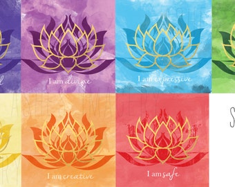 Affirmation Cards I Am Set of 7 Chakra Prints With Lotus | Etsy