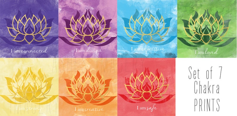 Affirmation Cards I Am Set of 7 Chakra Prints With Lotus - Etsy