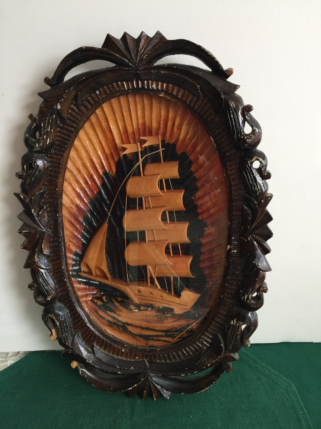Vintage Hand Carved Wooden Sailboat Art in Ornate Frame (17x11.5) - Etsy