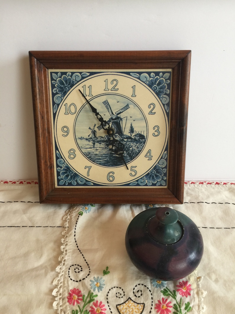 Vintage Windmill Wall Clock – Japanese Wooden Frame, Delft Style (9.5 ...