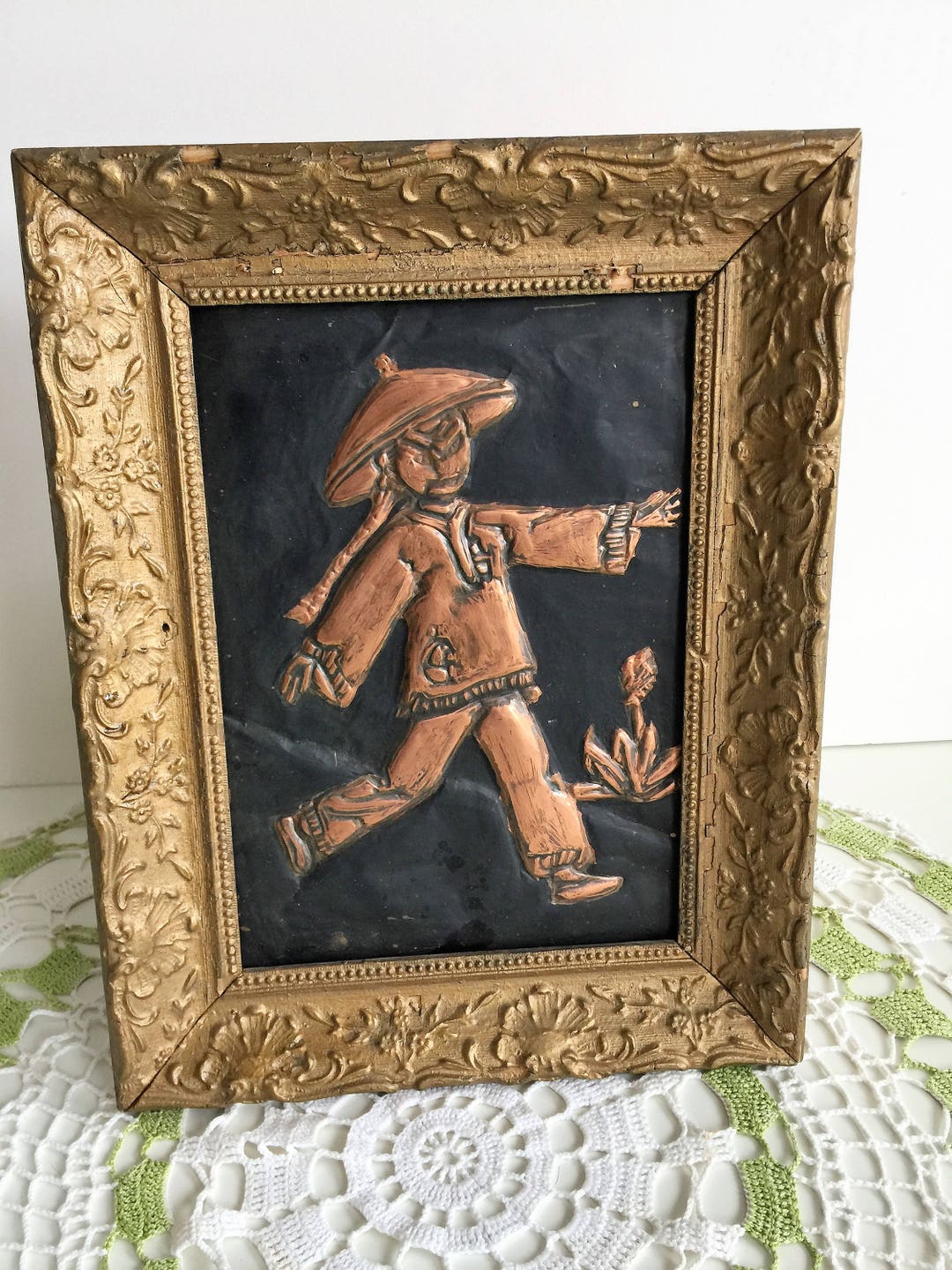 Mid Century Wood Frame Art Work-on Copper Plate/vintage Retro Art on ...