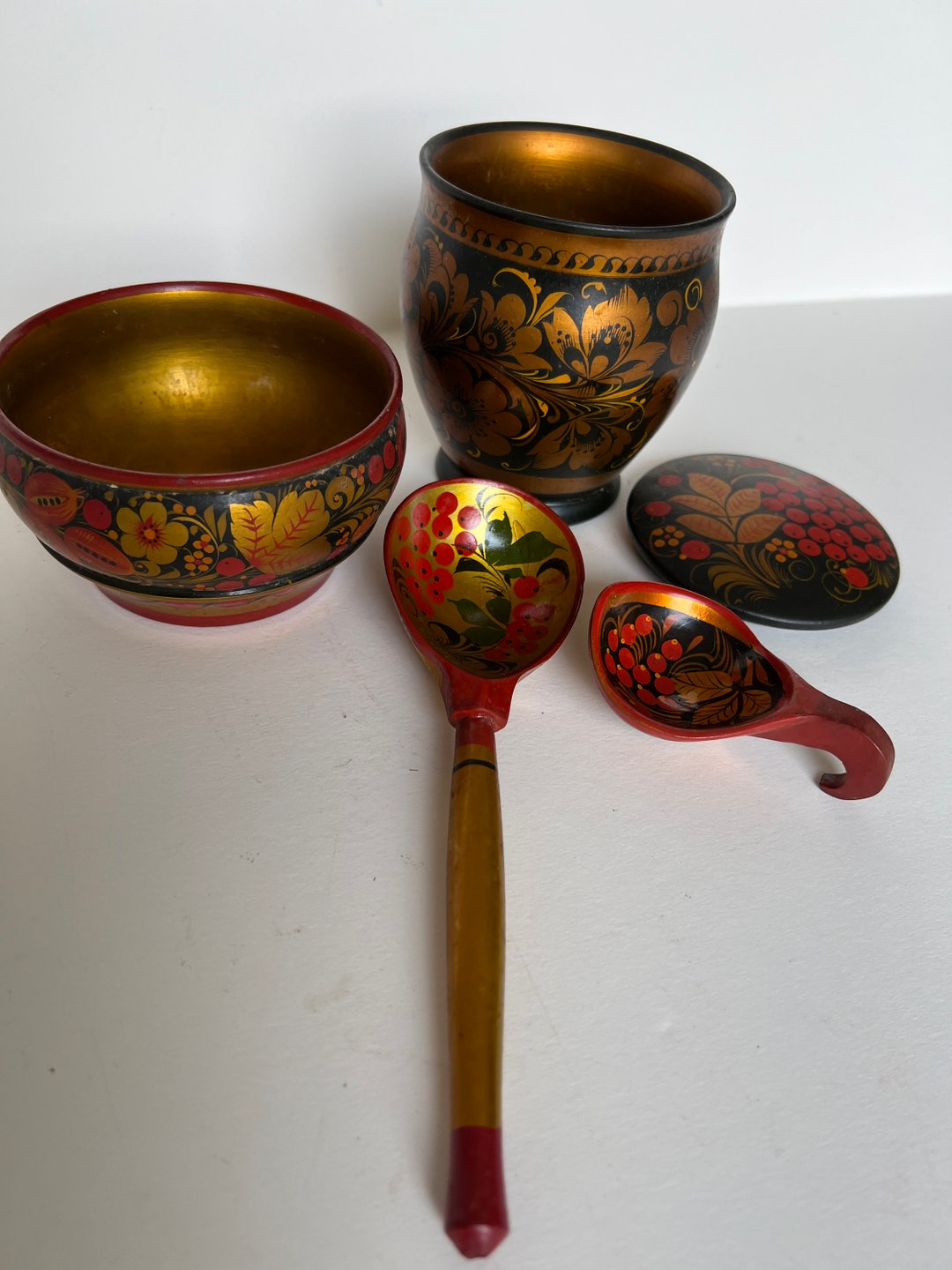 Vintage Khokhloma Lacquerware Set – Hand-painted Russian Folk Art, 5 ...