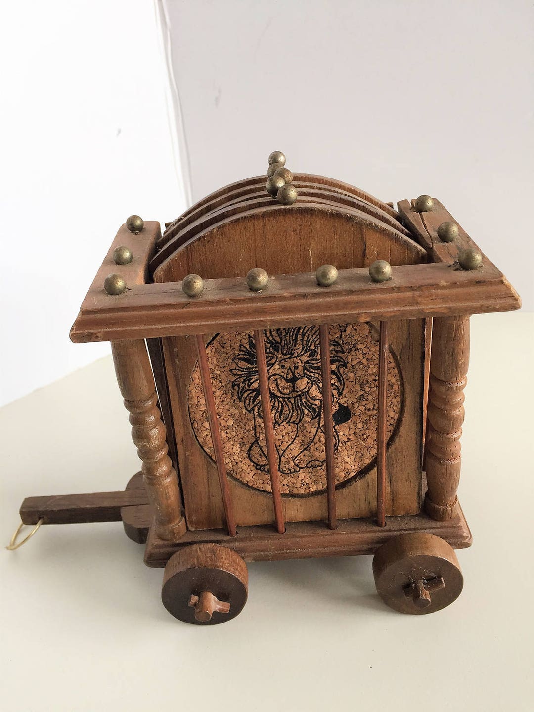 Set of 5 Coasters in Rolling Cart/ Vintage Coasters in a Wood Cart ...
