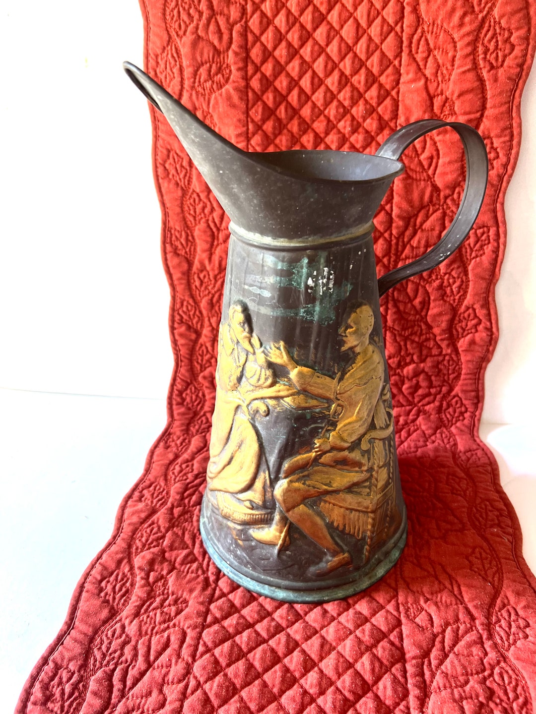 Antique Metal French Pitcher With Embossed Figurine / Antique Metal ...