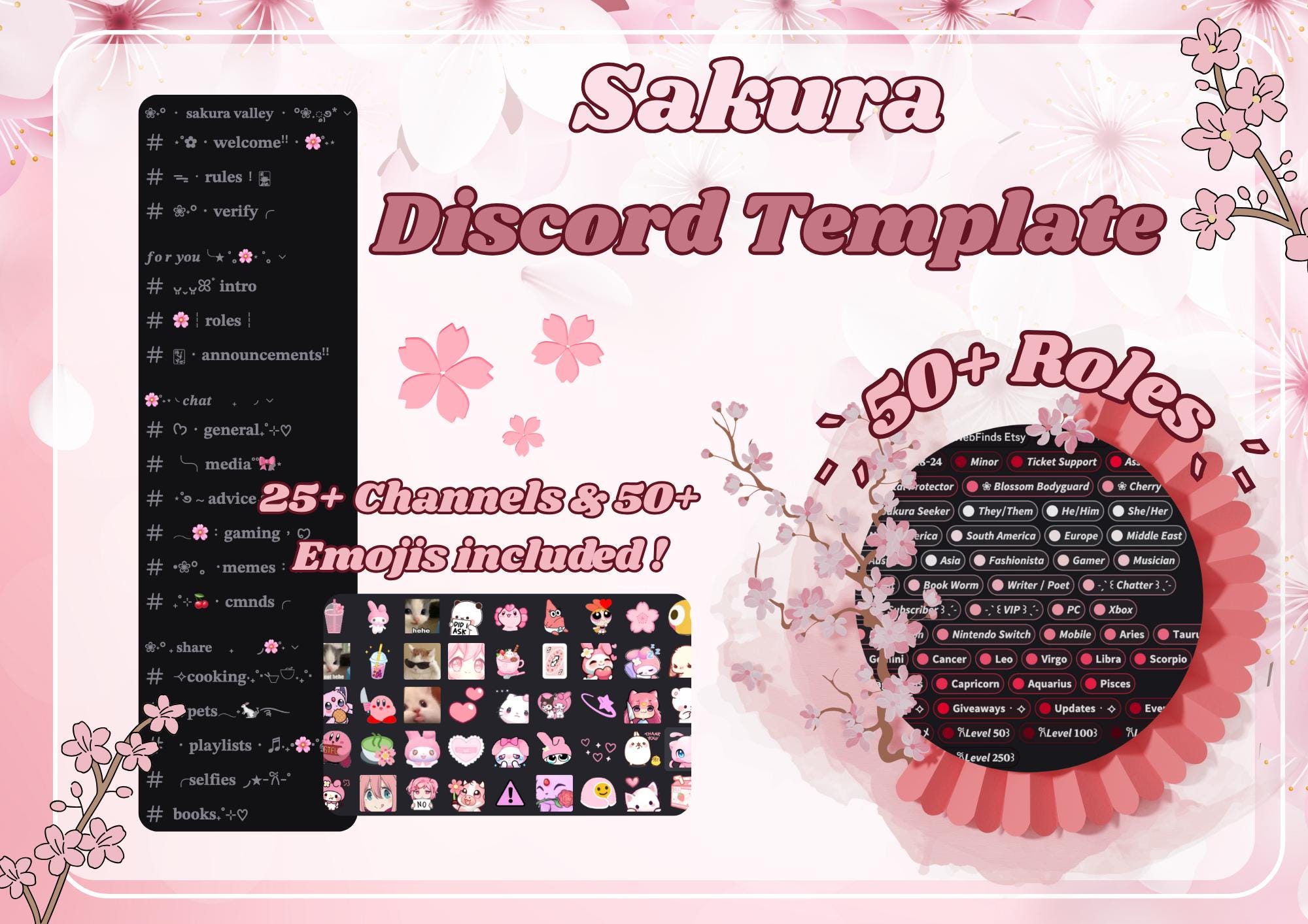 Sakura Cherry Blossom Discord Template | Kawaii Aesthetic, 50+ Emojis ...