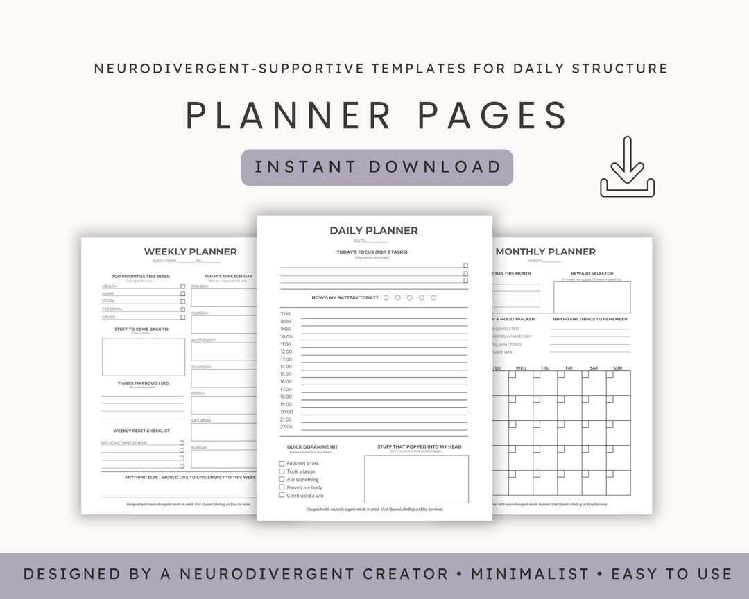 ADHD Daily Planner Printable | Neurodivergent Planner | Grayscale ...