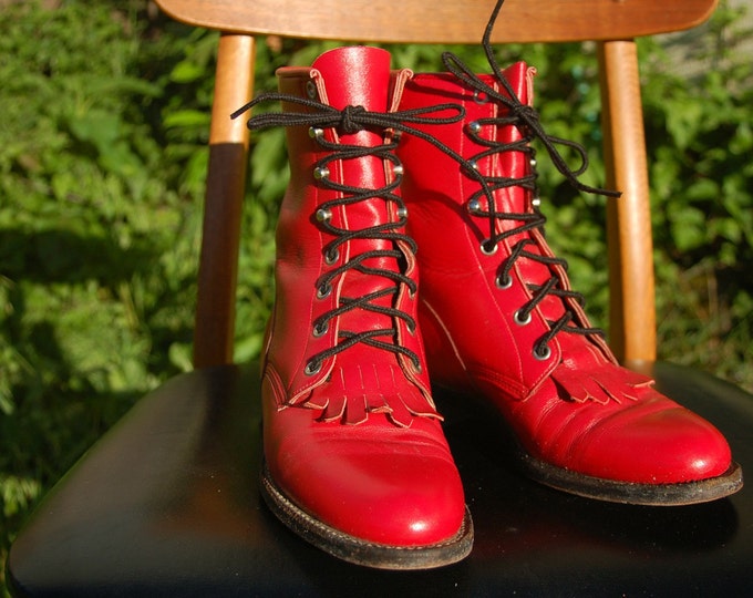 Vintage Red Justin Roper Lace-up Boots Fringe Size 6.5 B / 7 - Etsy